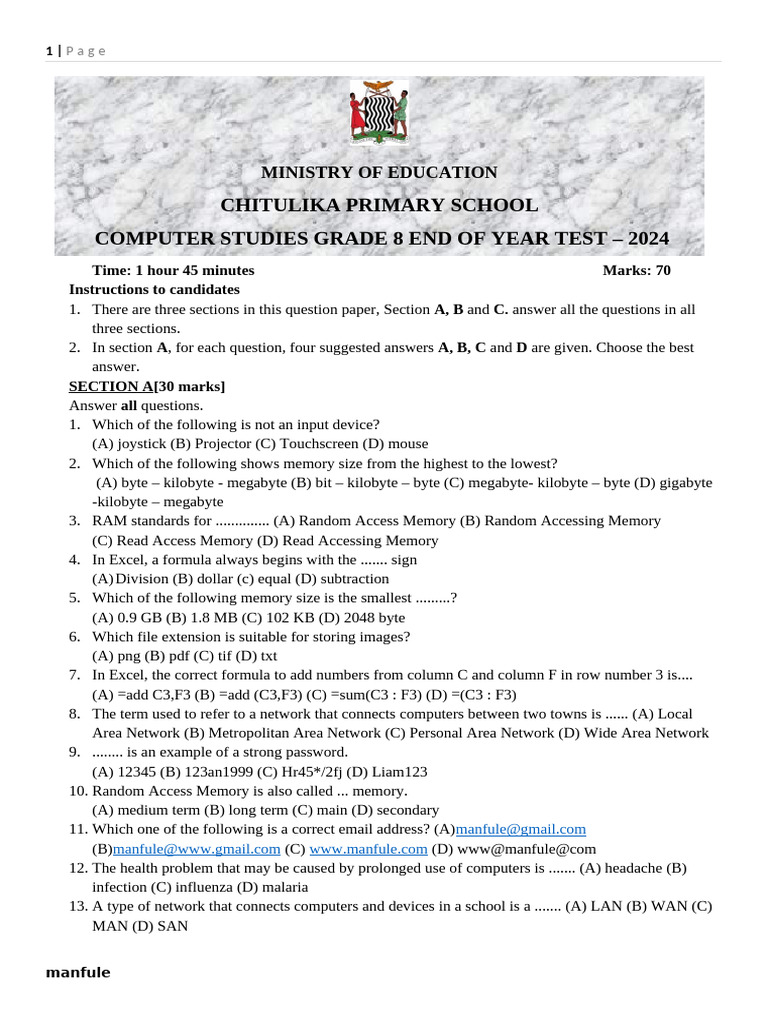 Computer Studies Test Grade 8 End of Year 2024 | PDF | Byte | Software