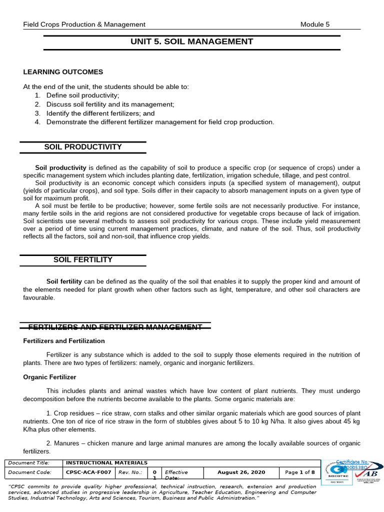 Maj4 LM5 Soil Management | PDF | Fertilizer | Plant Nutrition