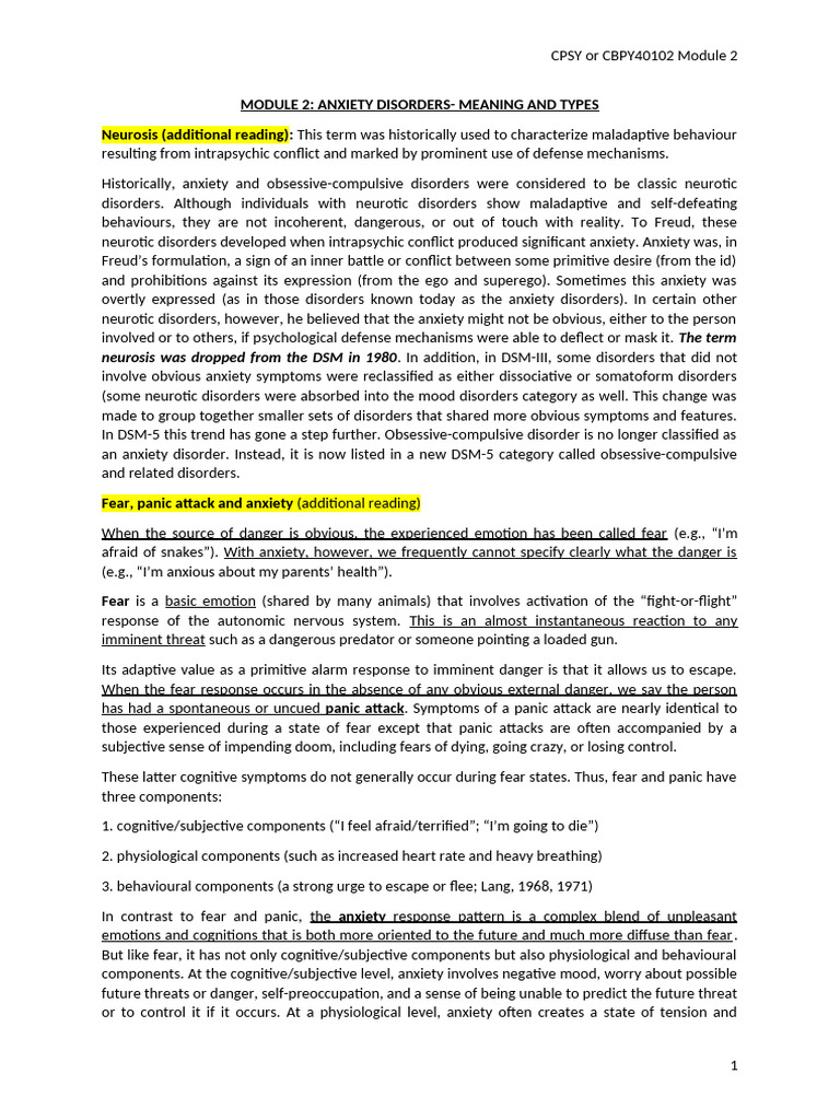 CPSY or CBPY40102 Module 2 | PDF | Phobia | Agoraphobia