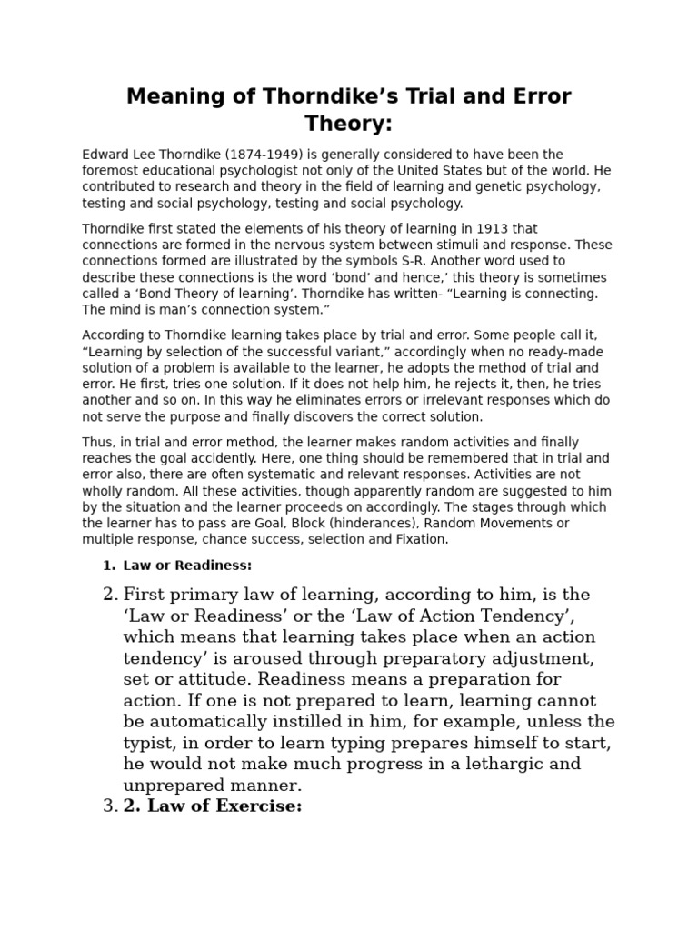 Meaning of Thorndike's Trial and Error Theory | PDF | Motivational ...
