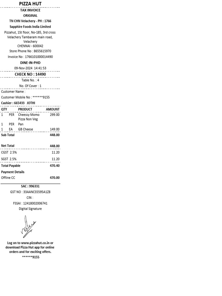 Pizza Hut Tax Invoice - Velachery | PDF