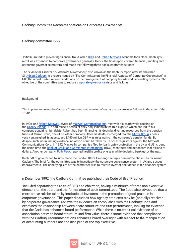 Cadbury Committee Corporate Governance Recommendations | PDF