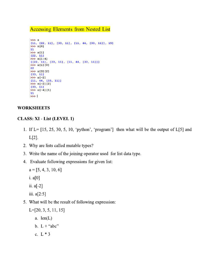 XI CS KVS Chennai Region 2022-23 Worksheet - LISTS | PDF