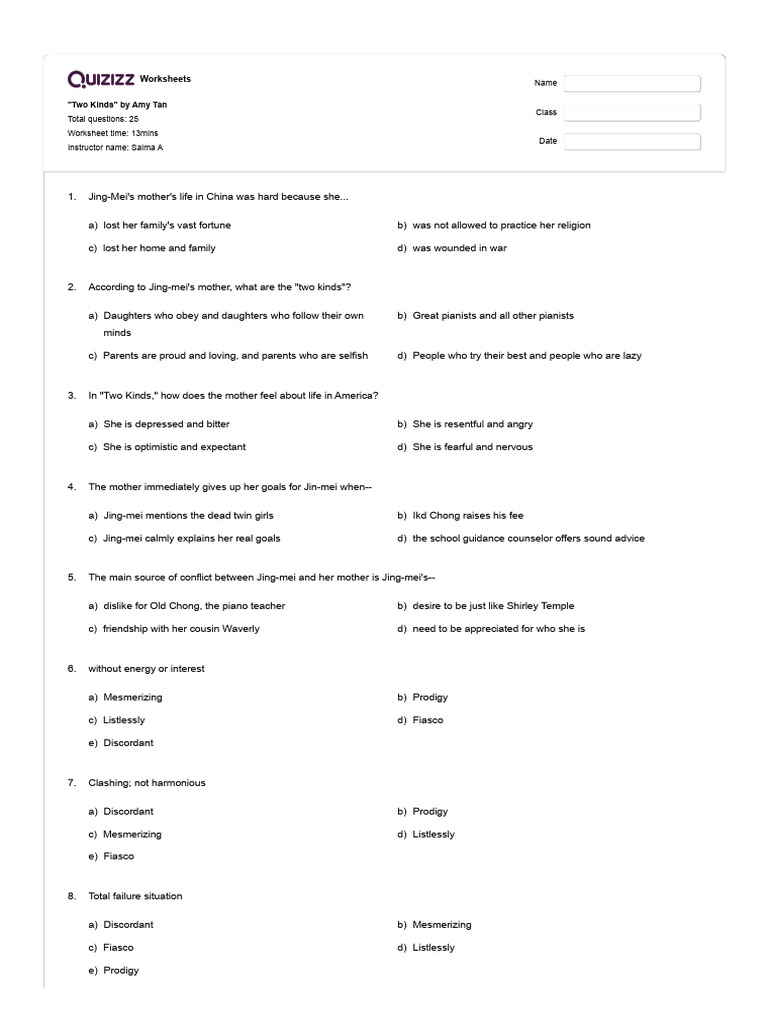 _Two Kinds_ by Amy Tan _ Quizizz | PDF