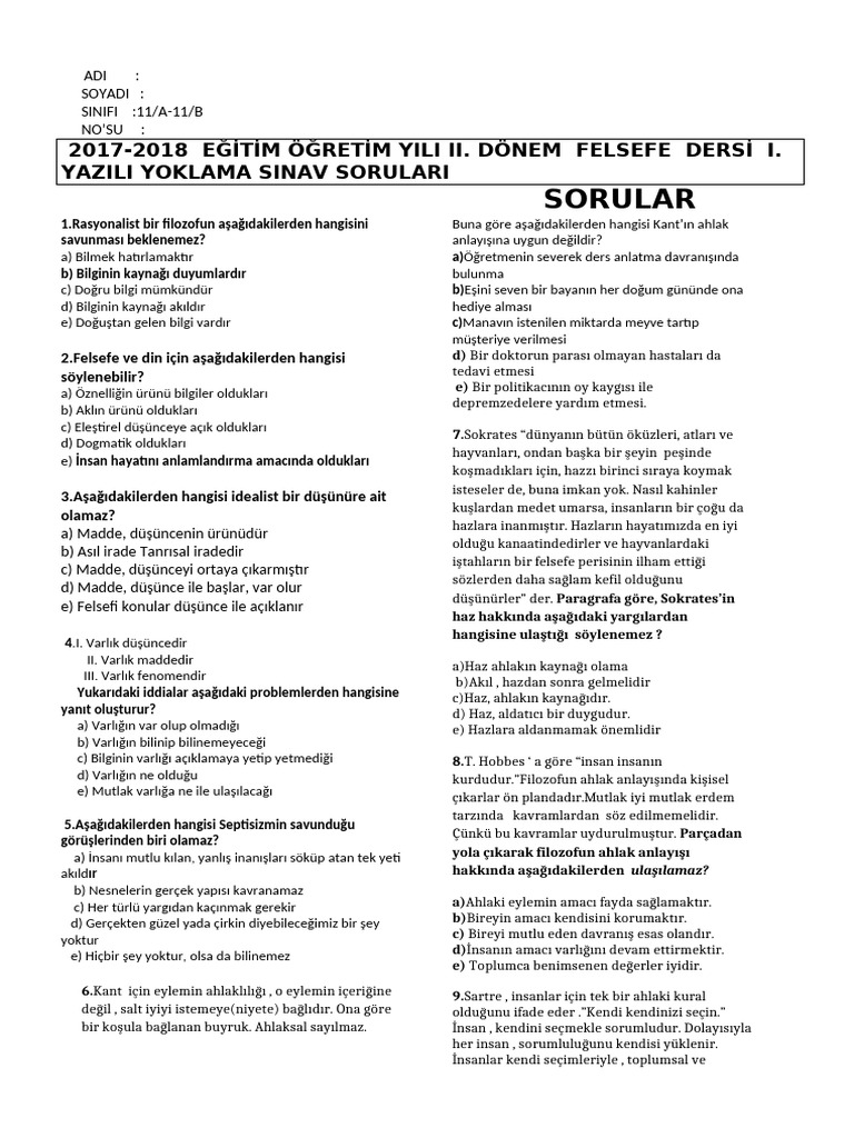 11-sinif-felsefe-2-donem-1-yazili | PDF