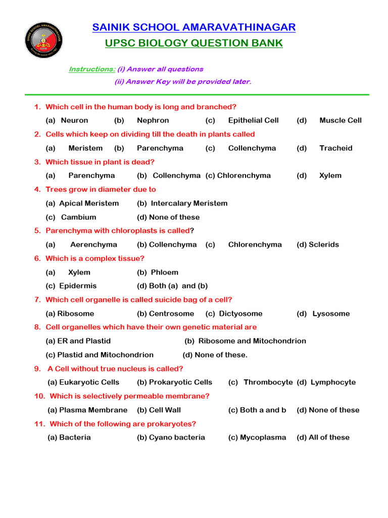 UPSC Biolgy Question Bank | PDF | Cell (Biology) | Tissue (Biology)