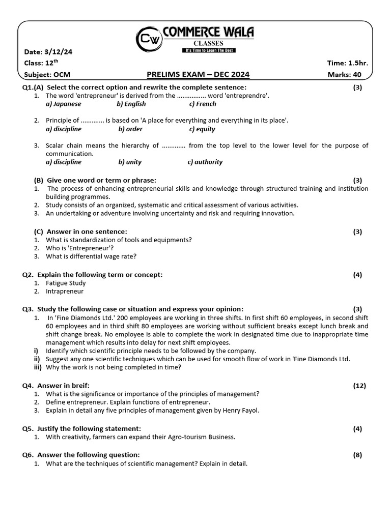 Class 12th Ocm CHP 1 & 3 Prelims Paper | PDF | Entrepreneurship | Business