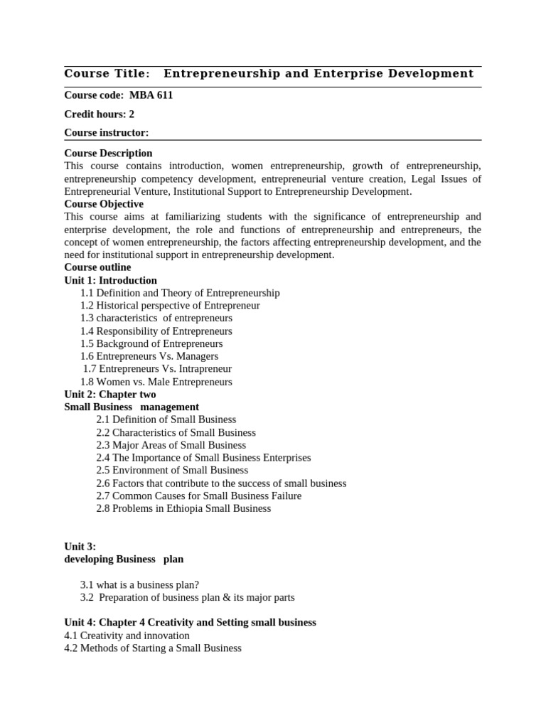 Course Outline Entrepreneurship and Enterprise Development | PDF ...