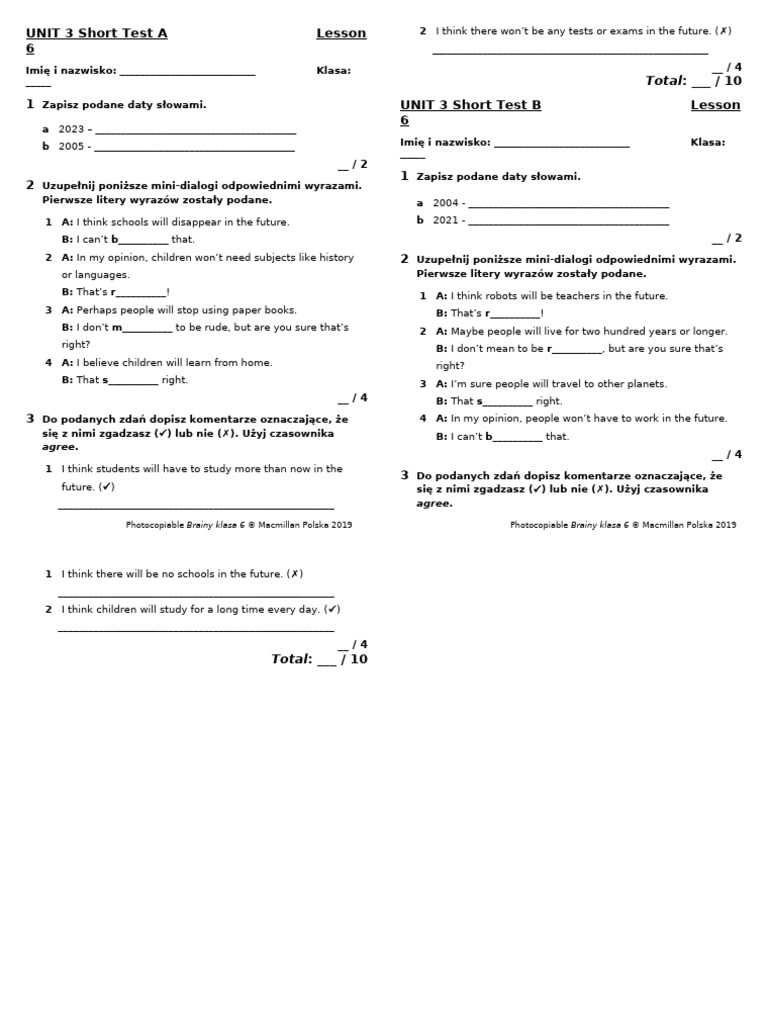 Brainy kl6 Short Tests Unit 3 Lesson 6 | PDF
