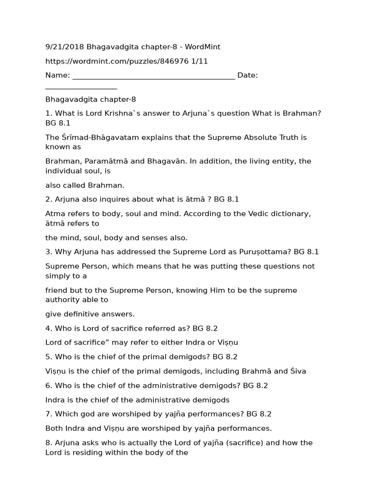 Bhagvad Gita Chapter 8 Answers | PDF | Brahman | Bhagavad Gita