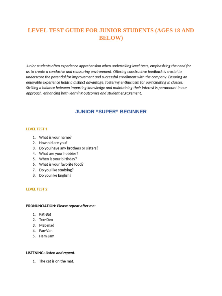 Level Test Guide For Junior Students | PDF