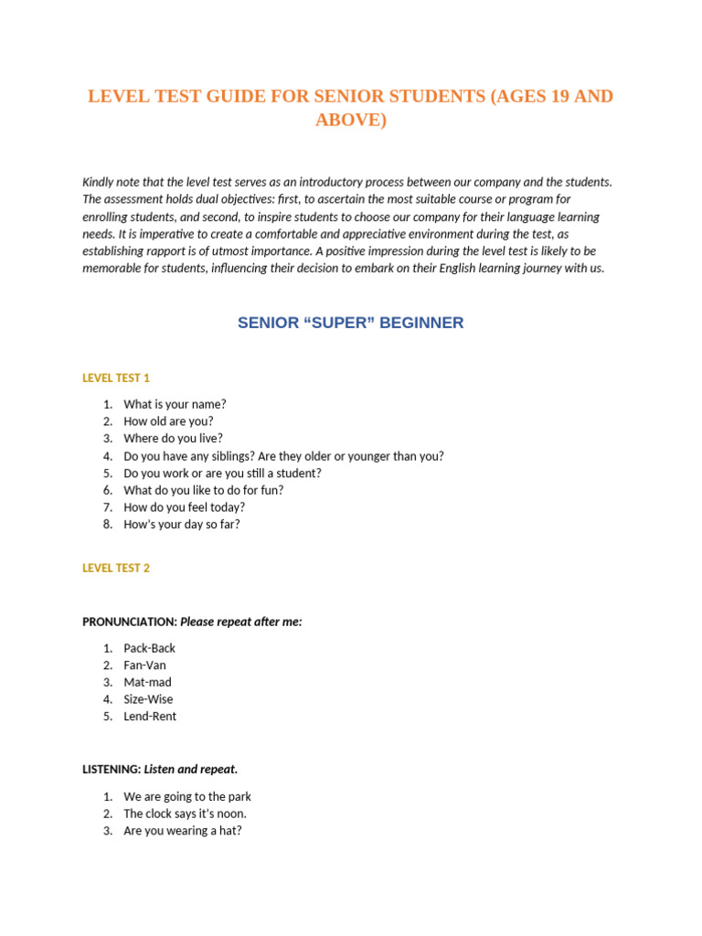 Level Test Guide For Senior Students | PDF | English Language | Vocabulary