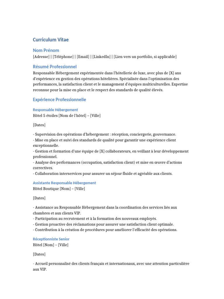 CV Responsable Hébergement Luxe | PDF | Hôtel | Hôtellerie