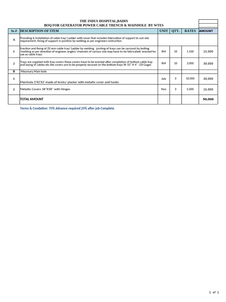 BoQ For DG Power Cables Trench 1 | PDF