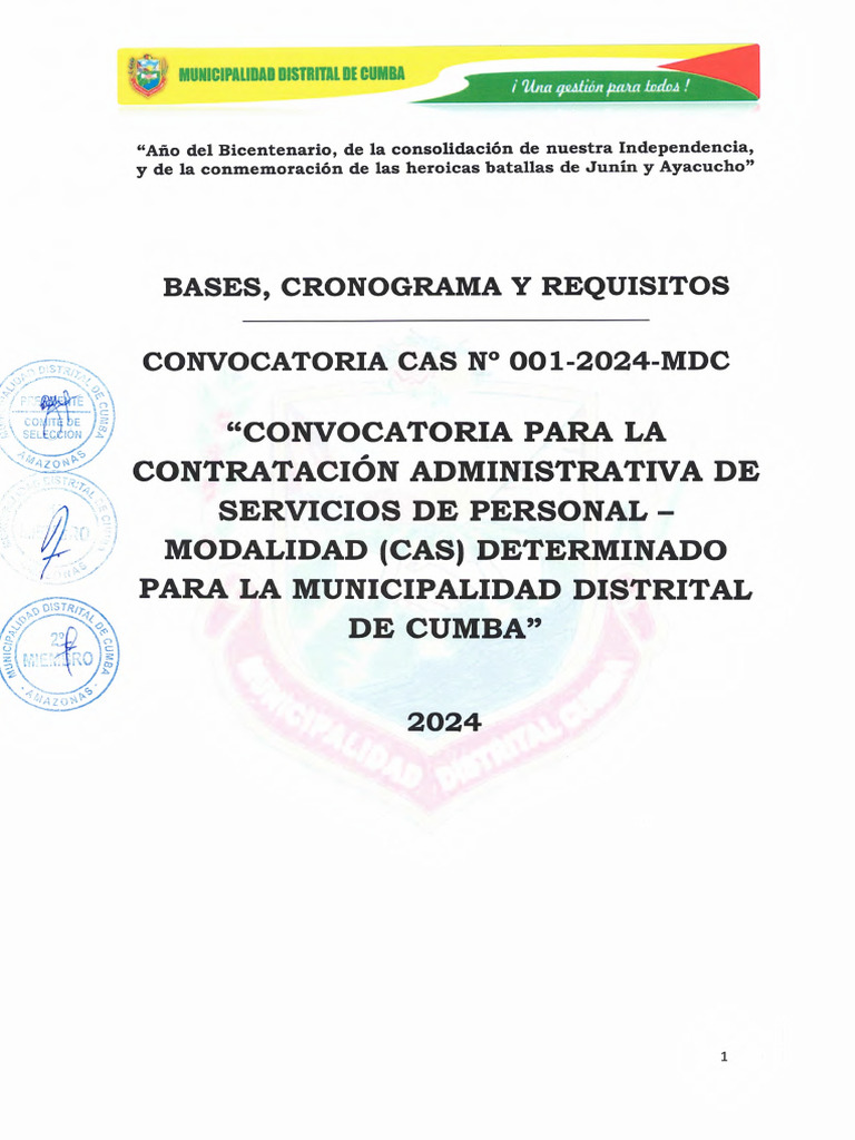 Bases Cronograma y Requisitos Convocatoria Cas N 001 2024 MDC 1 | PDF | Documento de identidad ...