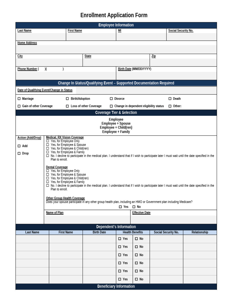 Employee Health Enrollment Application Form | PDF | Social Security ...