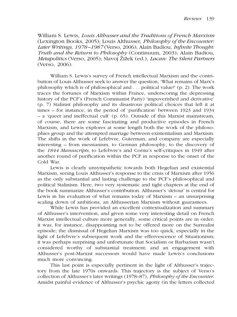 El-Ojeili, C. (2007) Reviews - William S. Lewis, Louis Althusser and ...