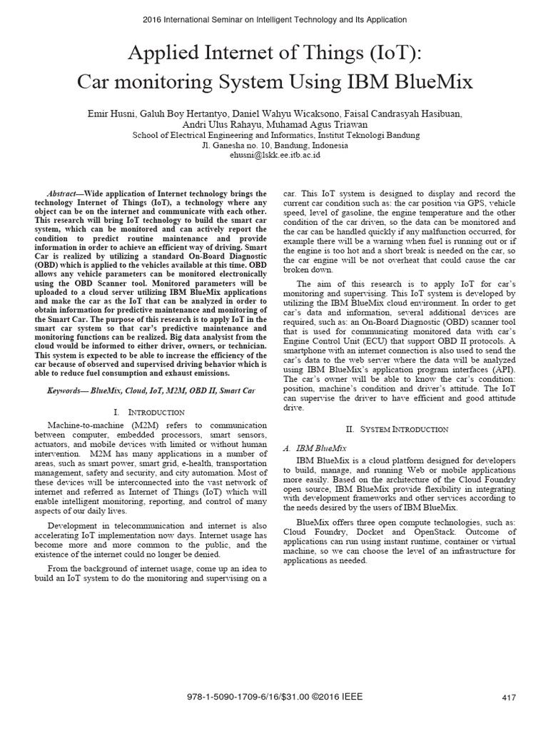 (IEEE) Applied Internet of Things (IoT) Car Monitoring System Using IBM BlueMix | PDF