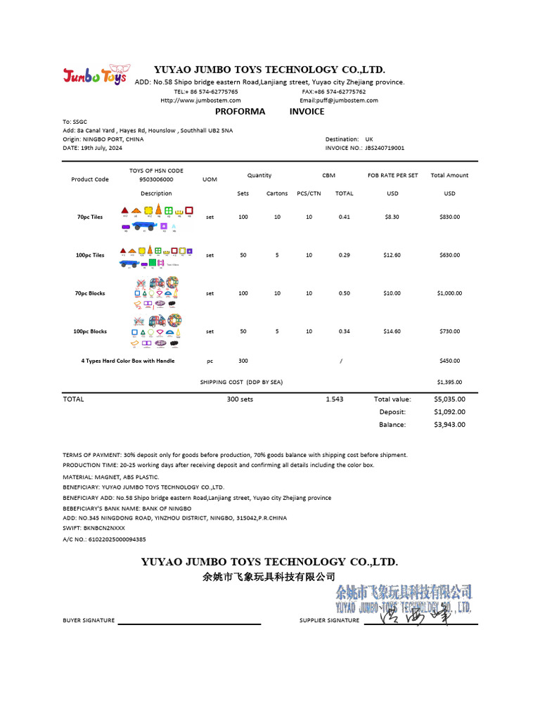 Proforma Invoice for Toy Sets Export | PDF