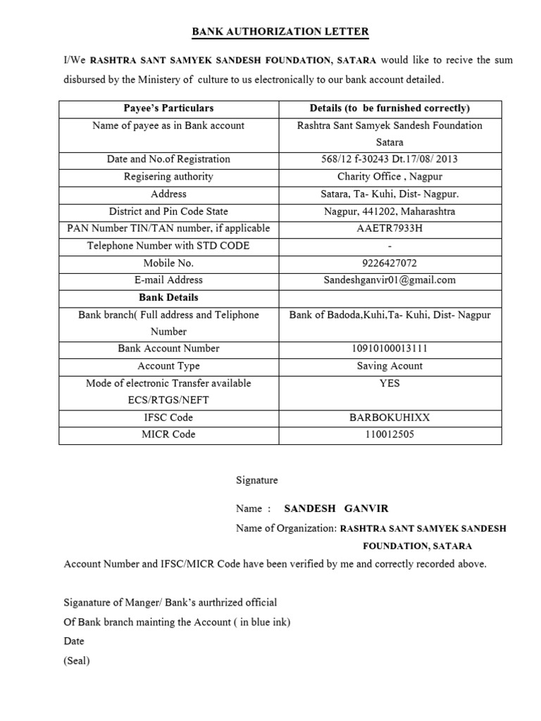 Bank Authorization Letter Pdf Telecommunications