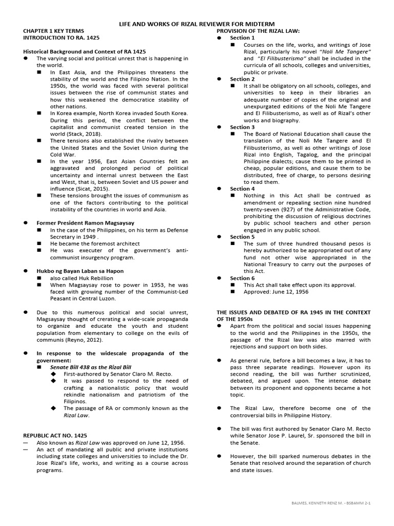 LIFE AND WORKS OF RIZAL REVIEWER FOR MIDTERM | PDF | Philippines