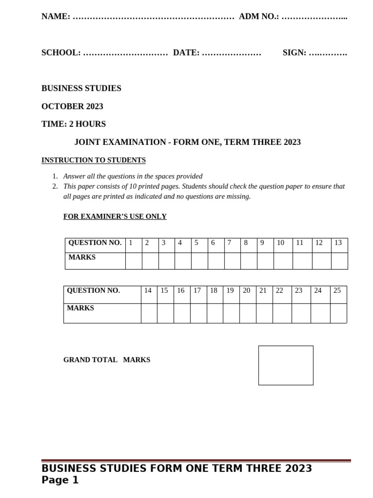 Form 1 2023 End T3 Business QS - Teacher - Co - .Ke - Set - A | PDF | Business | Economies