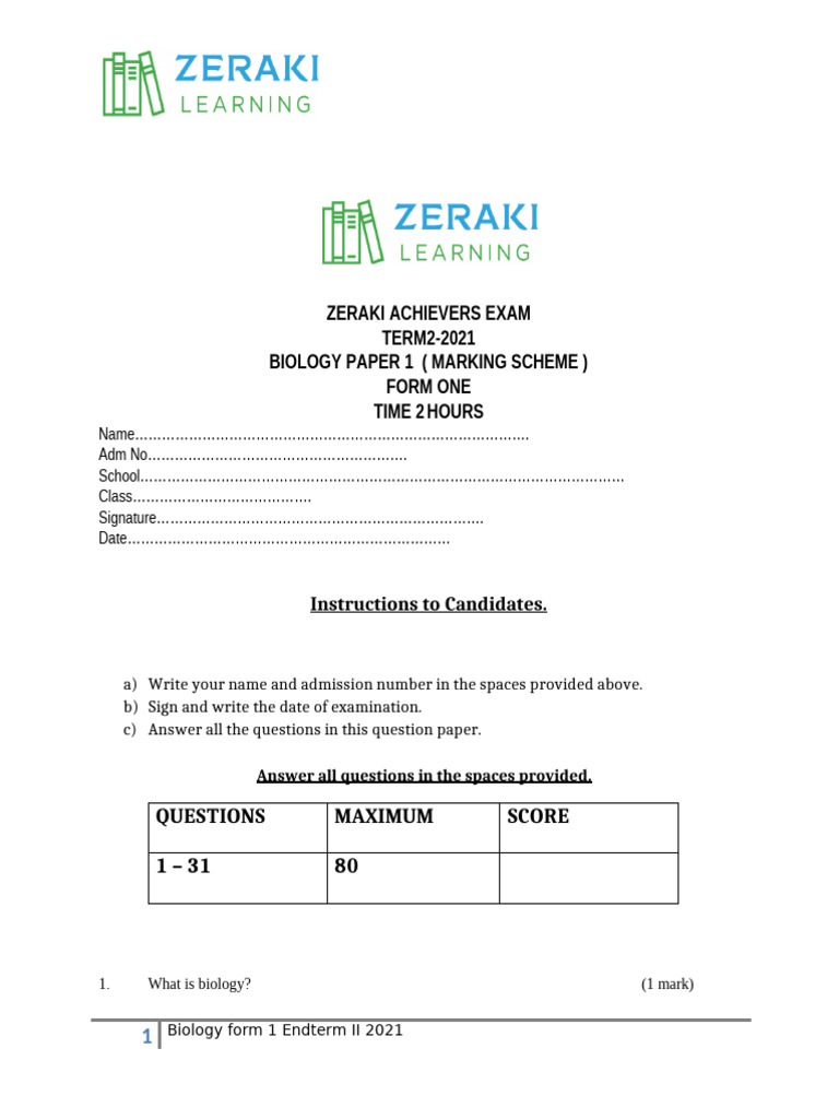 Zeraki Achievers Exam | PDF | Leaf | Photosynthesis