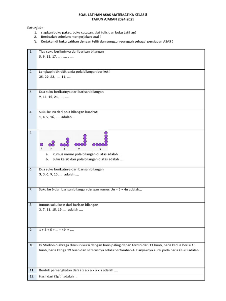Soal Latihan Asas MTK 8 | PDF