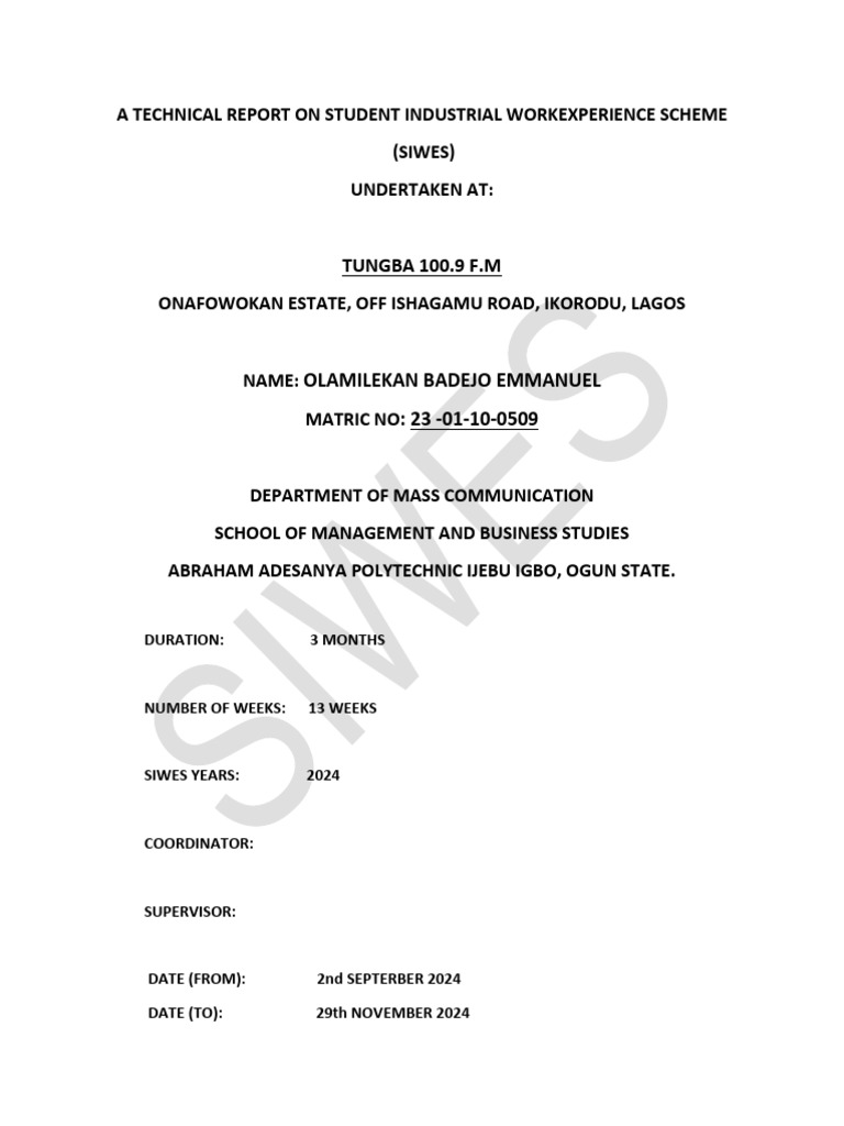 SIWES Report: TUNGBA 100.9 FM Experience | PDF | Behavior Modification ...