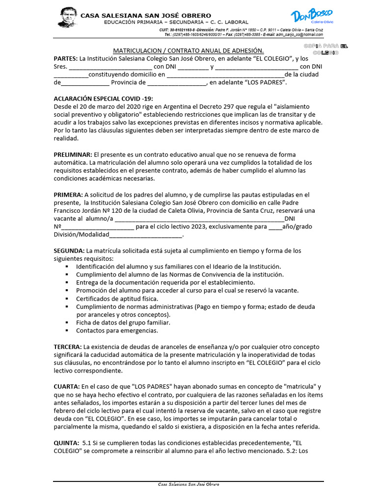 -Contrato Anual Colegio 2023 - PADRES | PDF | Educación primaria
