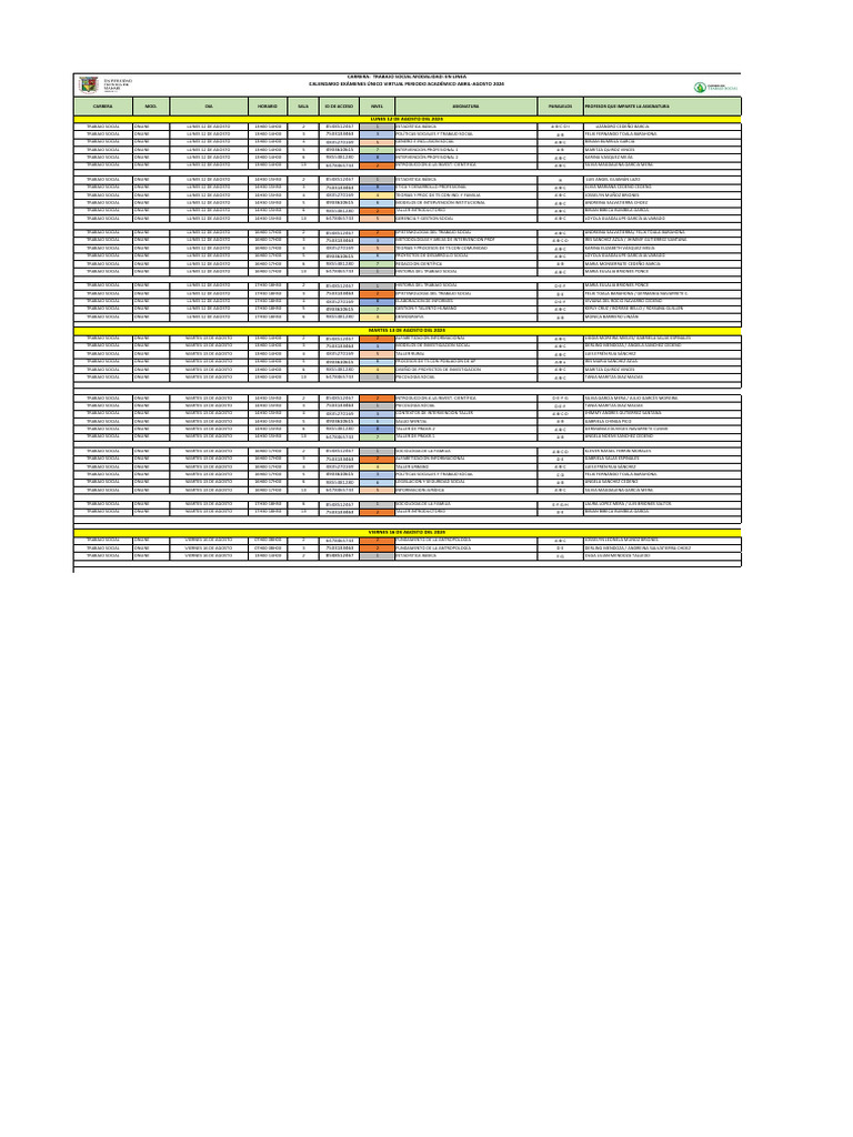 - Horario de Examenes Finales Trabajo Social en Linea 12, 13 y 16 de Agosto 2024 (1) | PDF ...