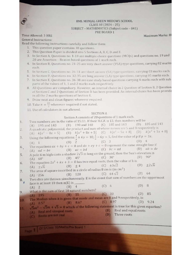 maths pre boards 1 paper | PDF