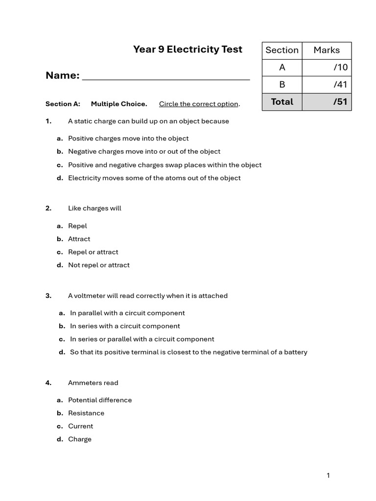 Year 9 Electricity Test 2024 | PDF | Electrical Resistance And ...