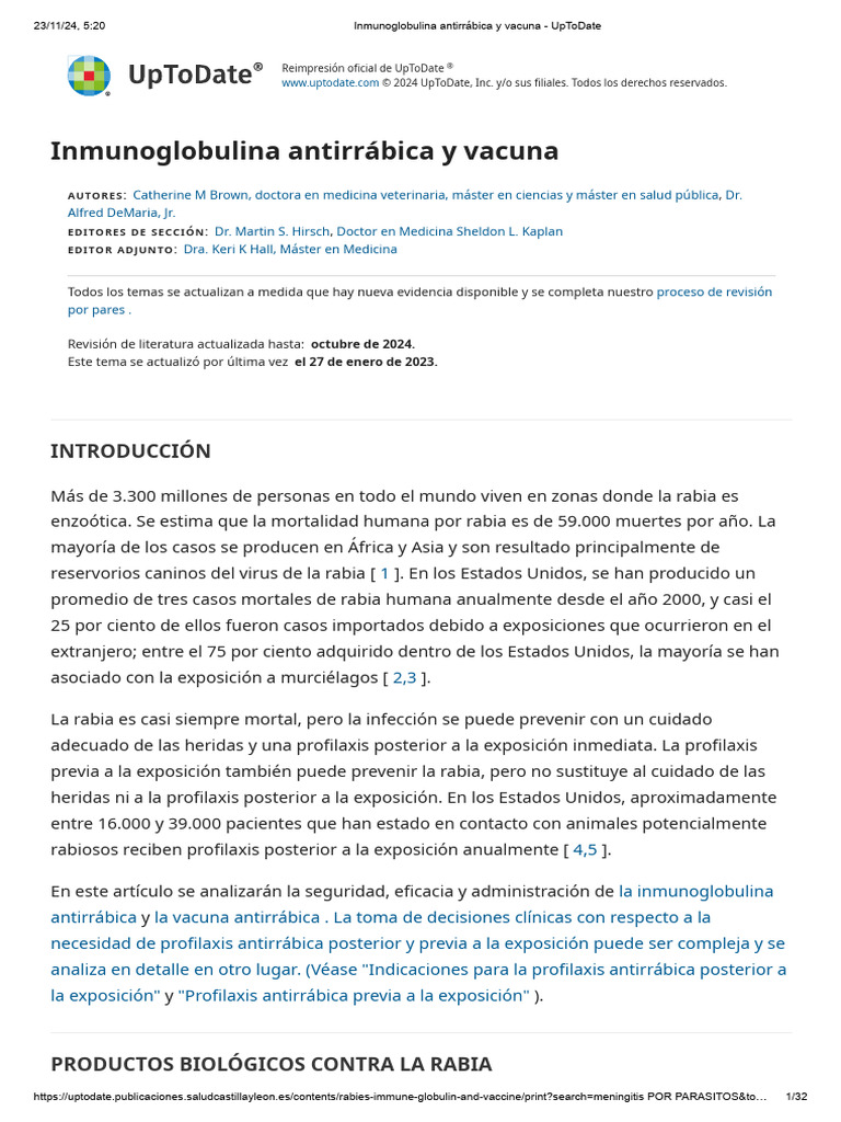 Rabia-4-Inmunoglobulinas y Vacuna- Uptodate 24 | PDF | Rabia | Vacunación