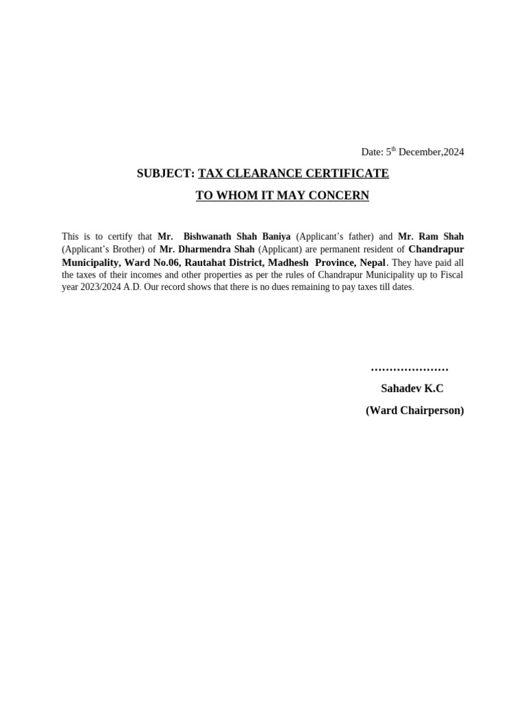 Tax Clearance Certificate for Residents | PDF