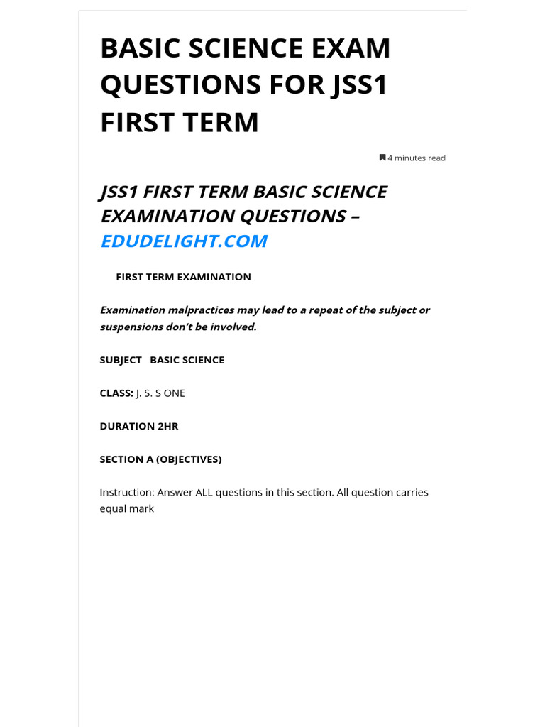 Jss1 First Term Basic Science Examination Questions | PDF | Hygiene | Foods