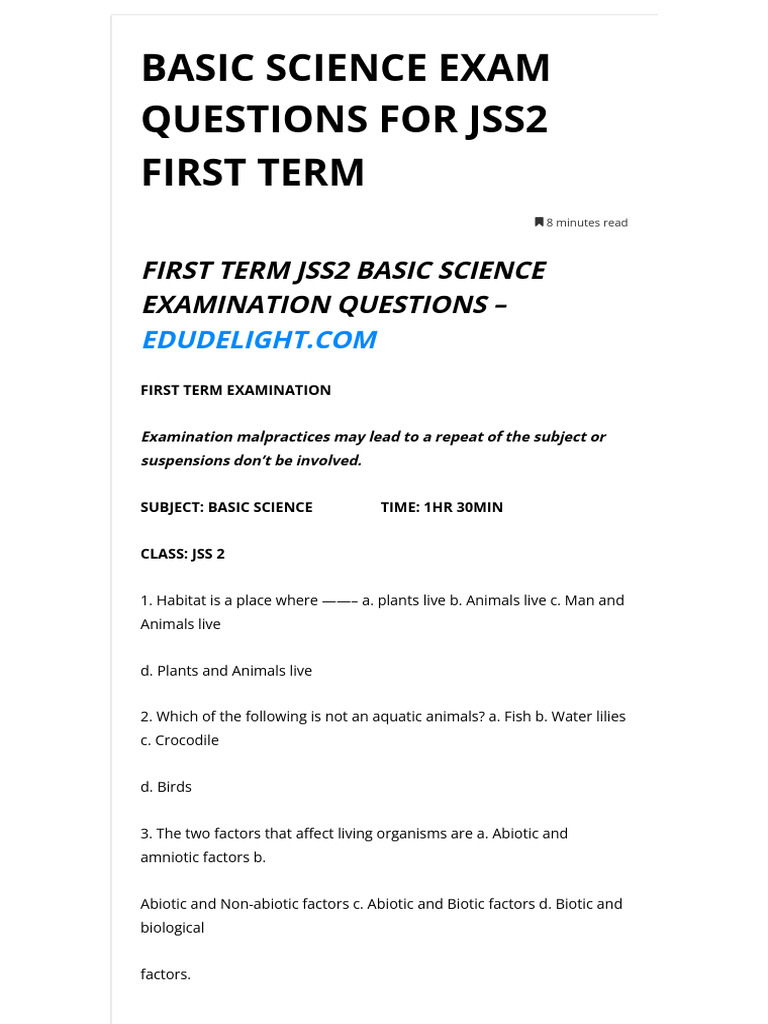 JSS2 Basic Science Exam Questions | PDF | Puberty | Aquatic Ecosystem