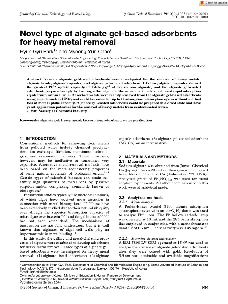 Novel Type of Alginate Gel-Based Adsorbents For Heavy Metal Removal ...
