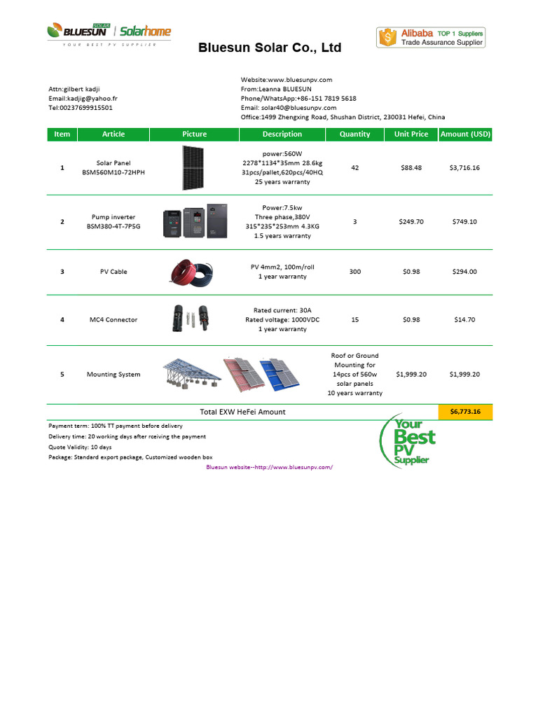 Solar Products For 3pcs 7.5kw Pumps | PDF | Solar Panel | Electric Power