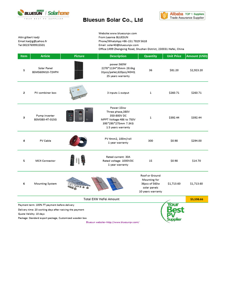 Quotation-Solar Products for 15kw Pump Inverter | PDF | Solar Power ...