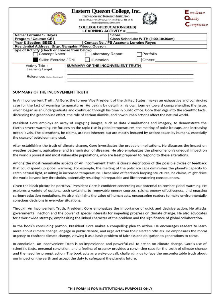 The inconvenient truth sum | PDF | Climate Change | Al Gore