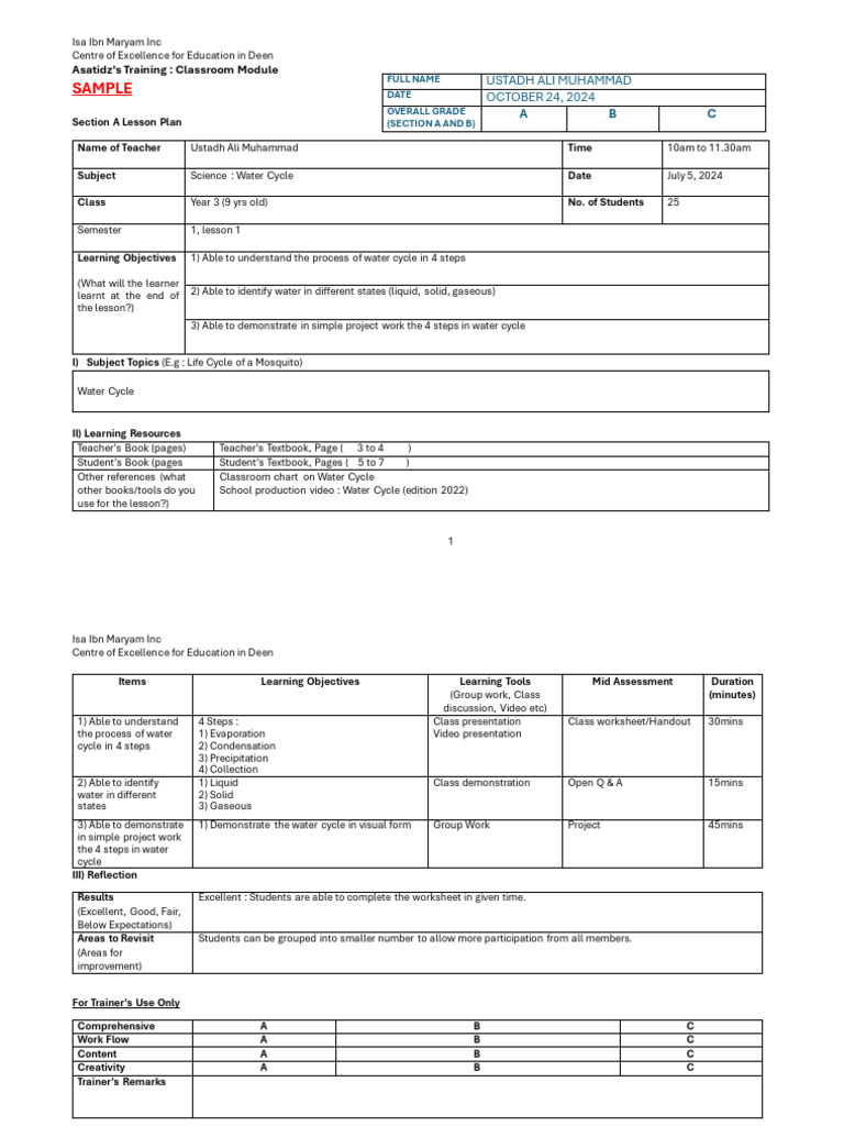 Asatidz Training Assessment Booklet SAMPLE | PDF | Cognition | Behavior Modification