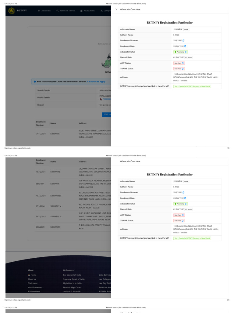 Advocate Search - Bar Council of Tamil Nadu & Puducherry | PDF ...