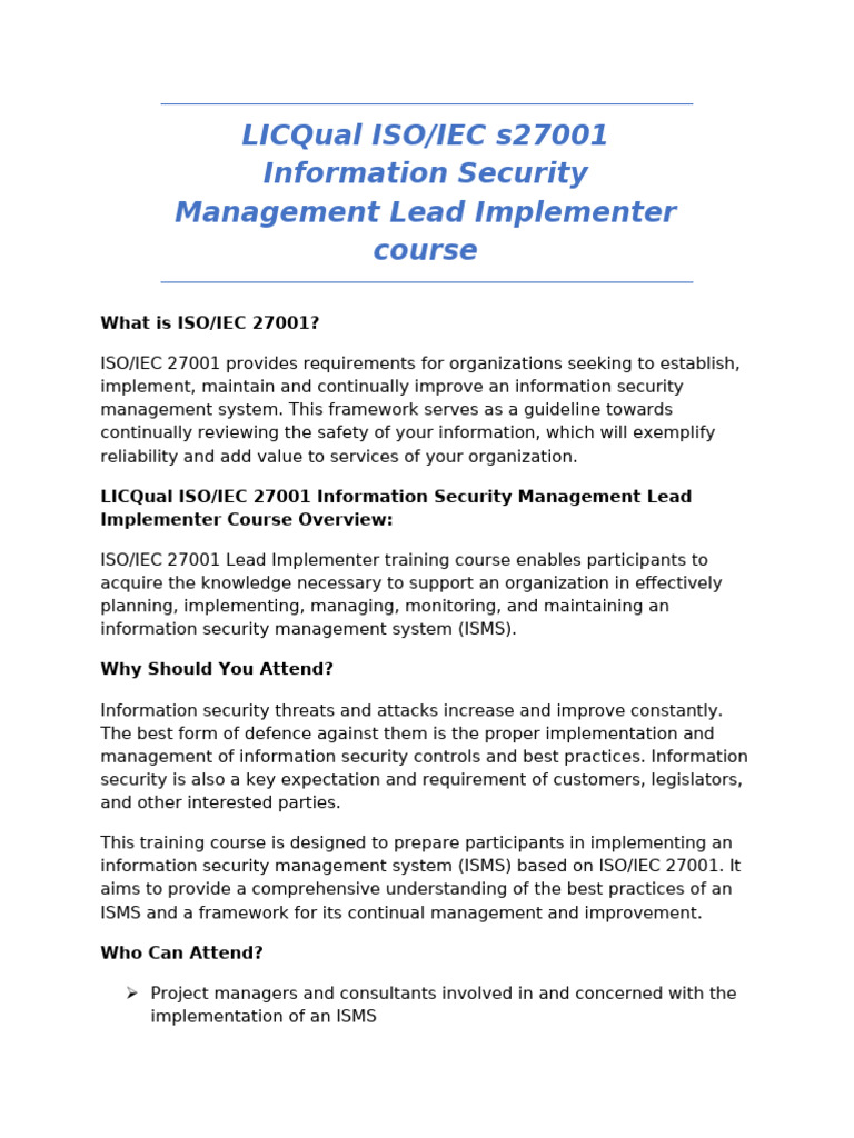 3-LICQual ISO IEC 27001 Information Security Management Lead Implementer Course | PDF ...