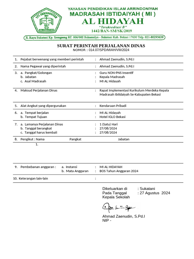 surat perjalanan dinas MIAH | PDF