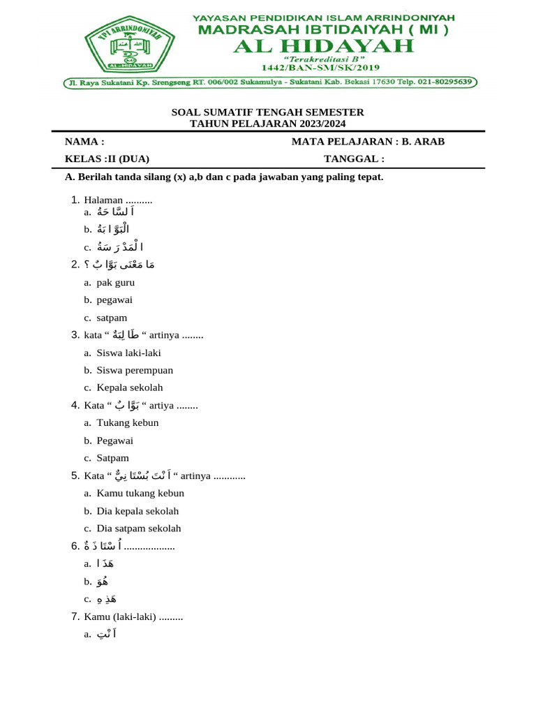 Soal kls 2 (b.arab) | PDF