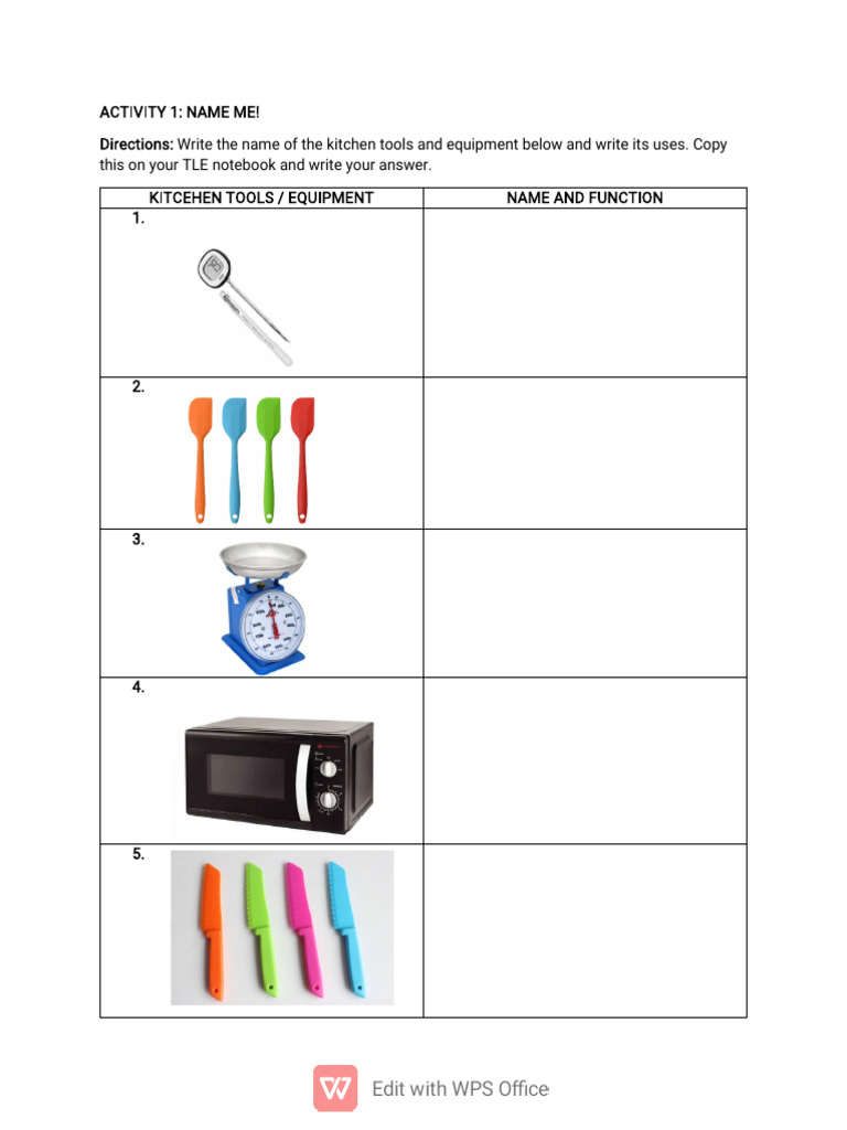 Kitchen Tools Identification Activity | PDF