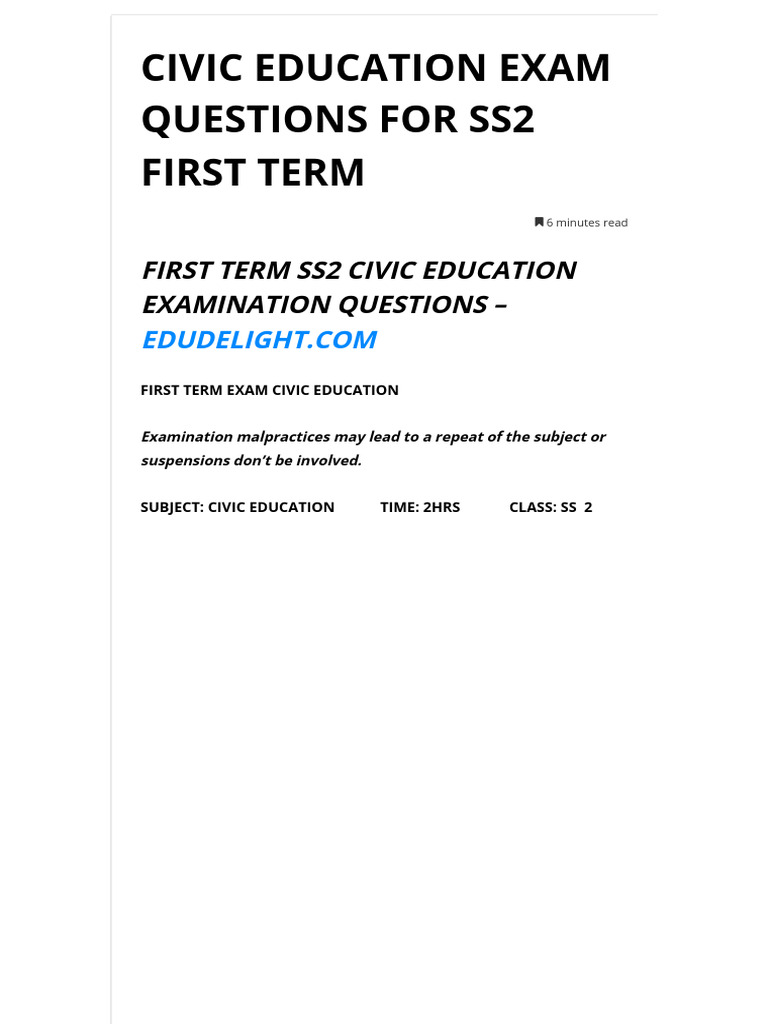First Term Ss2 Civic Education Examination Questions | PDF | Citizenship | Democracy