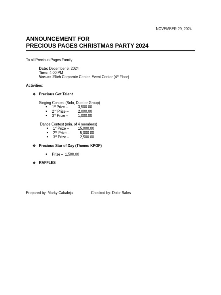 Precious Pages Christmas Party ANNOUNCEMENT | PDF