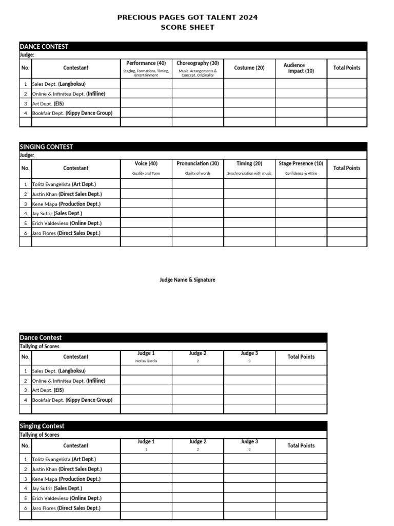 Talent Show Judges' Score Sheet | PDF | Performing Arts | Entertainment